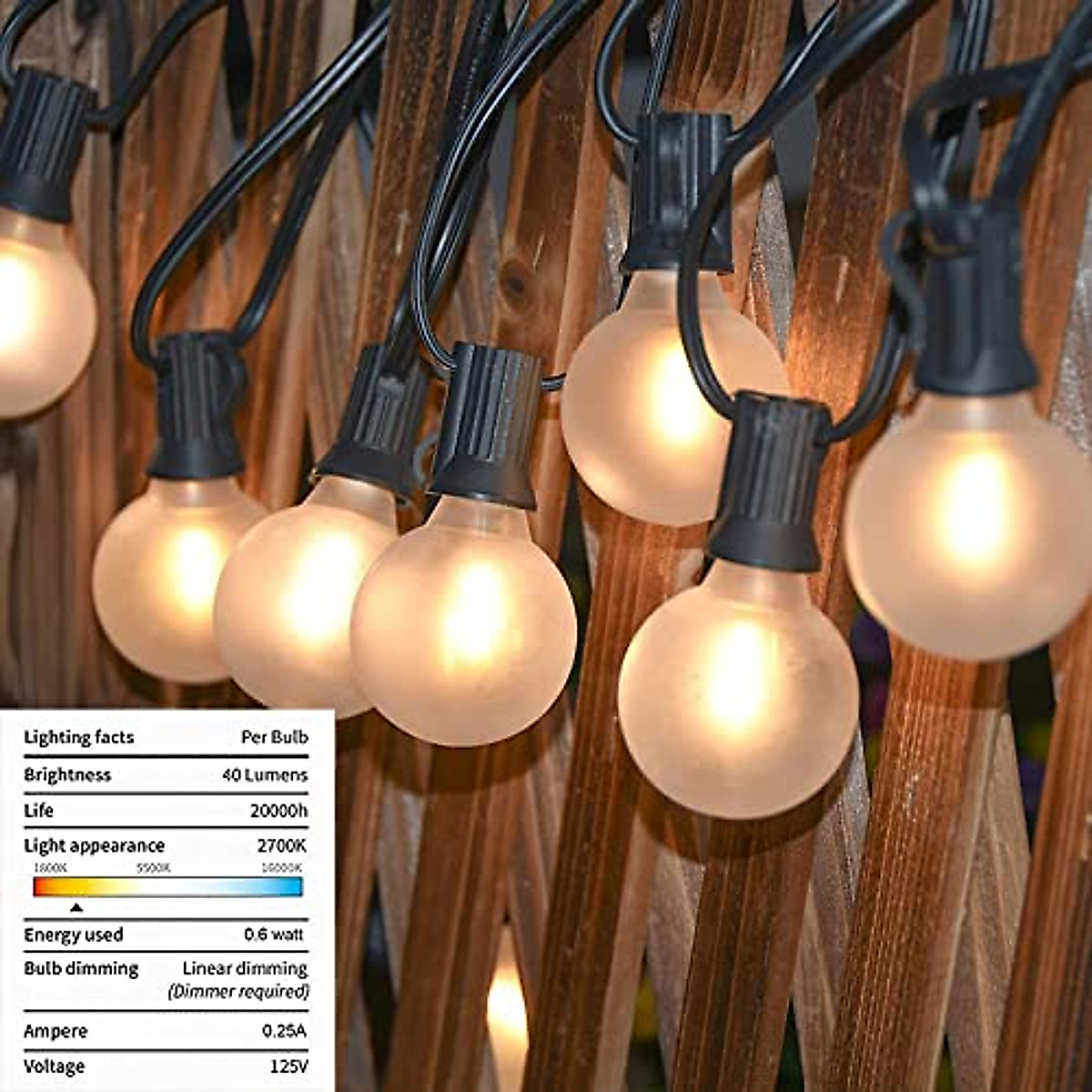 Outdoor LED String Lights, 50Ft G40 Outdoor Patio Lights with 52 Frosted White LED Globe Bulbs, Hanging Backyard Lights Waterproof for Indoor Outside Garden Bistro Pergola Tents Decorations, White