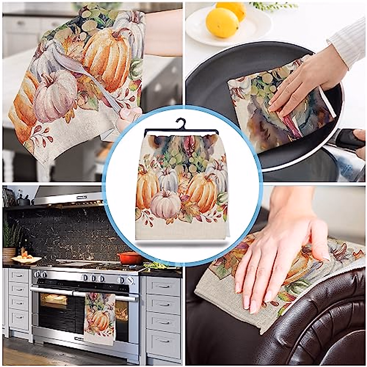 Thanksgiving Day Kitchen Towel Set of 3, Watercolor Turkey and Pumpkins Hand Towels Absorbent Microfiber Dish Cloth Autumn Harvest Washable Tea Bar Dishcloth Cleaning Cloths