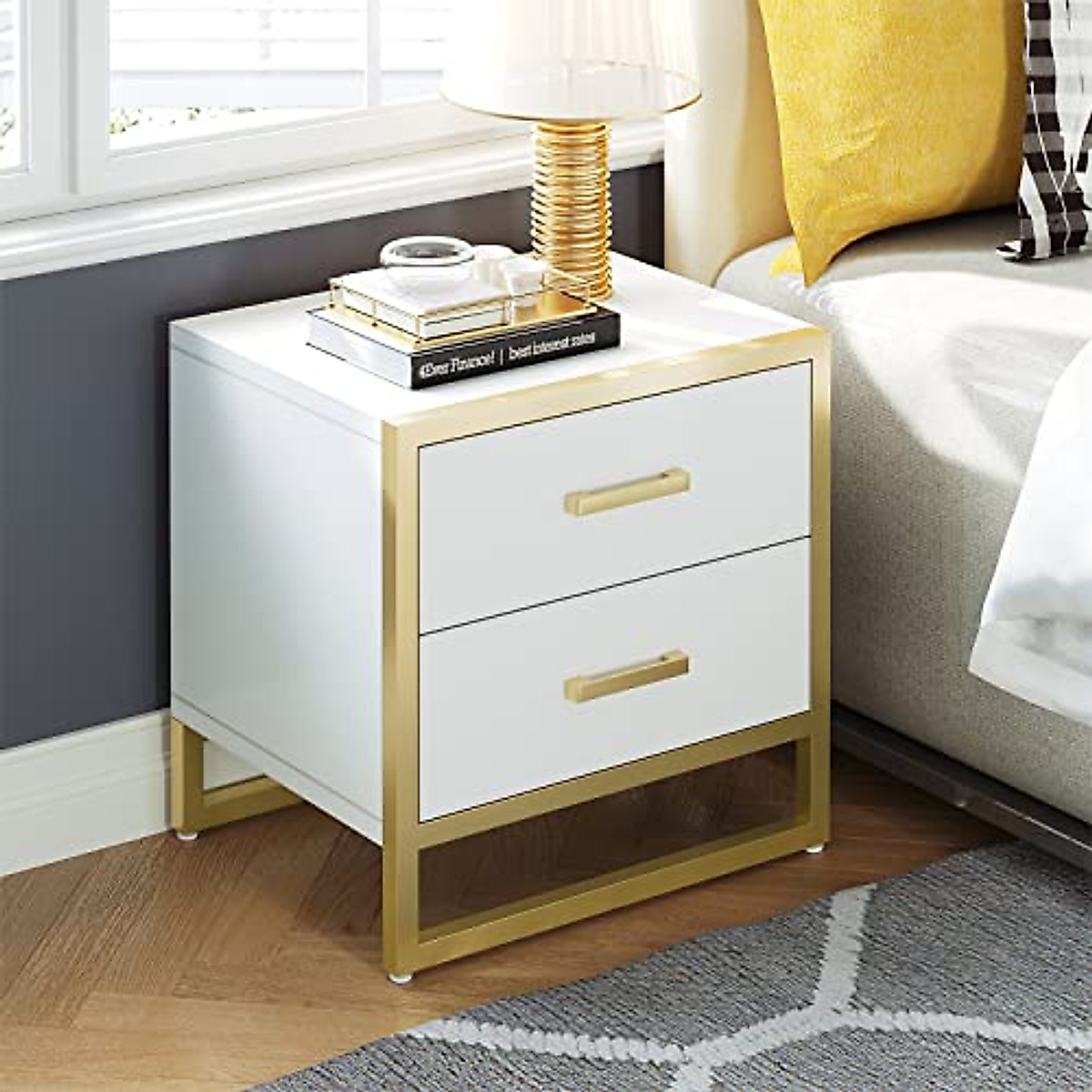 YITAHOME Nightstand with 2 Drawers, Small End Side Table with Storage, Modern Bedside Bed Table with Metal Frame for Small Space, Bedroom and Living Room, White