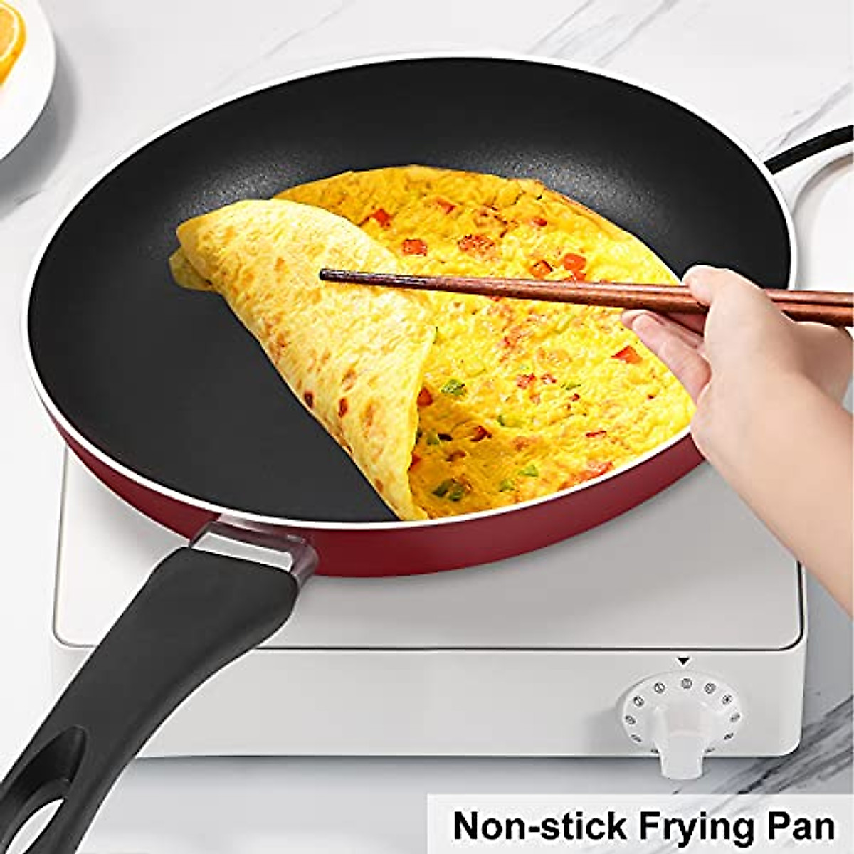 HUGOOD Nonstick Frying Pan Set - 3 Piece, PEEK Coating Non-stick Frying Pan Cookware, Skillet Set for Induction Cooktop, Gas, Electric,8 Inch, 9.5 Inch and 11 Inch, Dishwasher-Safe, Red & Black