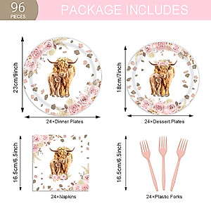 96 Pcs Boho Highland Cow Party Supplies for Girl Holy Cow Highland Baby Shower Plates and Napkins Party Supplies Bohemian Pink Floral Pampa Grass Highland Birthday Party Decorations Serves 24