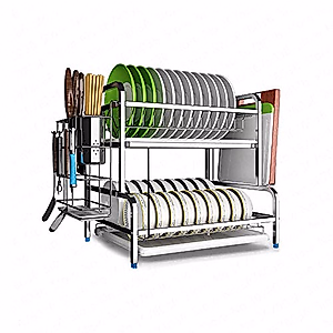 ZJYWMM 304 Stainless Steel Kitchen Dish Drain Rack, Dry Tableware Cupboard Double-Layer Storage Box, with Draining Tray, Storage Knife Cutting Board Holder
