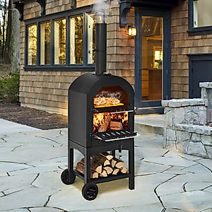 COSTWAY Outdoor Pizza Oven, Wood Fired Pizza Oven for Outside, Patio Pizza Grill with Pizza Stone, Pizza Peel, and Waterproof Cover for Backyard Camping
