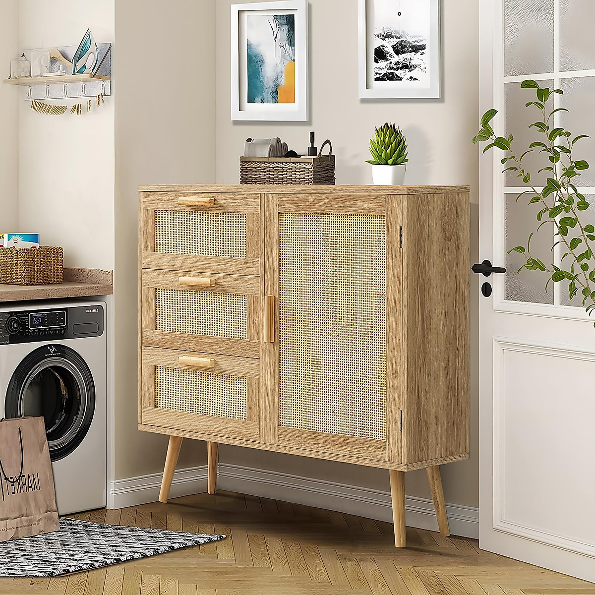 Iwell Storage Cabinet with Rattan Door & 3 Drawers, Rattan Cabinet with Adjustable Shelf, Accent Cabinet for Living Room, Entryway, Natural