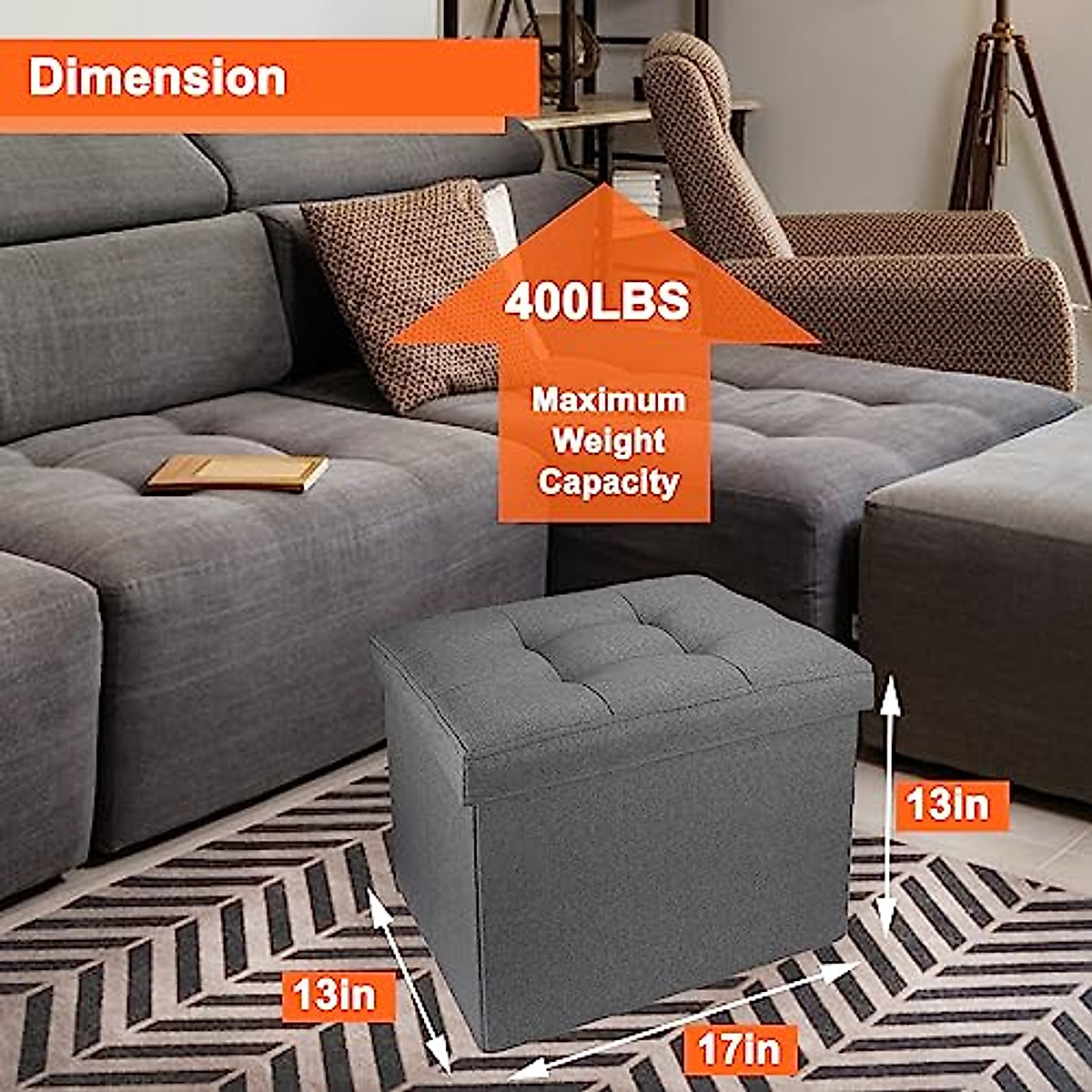 ALASDO Storage Ottoman Folding Rectangle Cube Coffee Table Multipurpose Foot Rest Short Children Sofa Stool Linen Fabric Ottomans Bench Foot Rest for Bedroom L17W13H13inches(Grey)