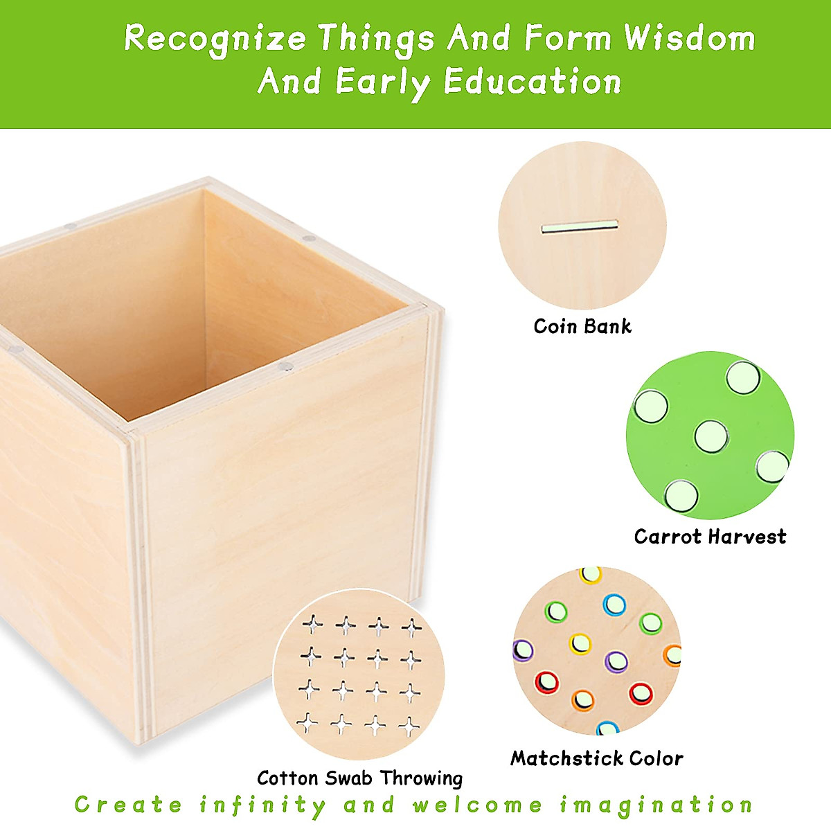 4-in-1 Montessori Wooden Toy for 1+ Year Old,Wooden Play Kit Kids Toy Box - Carrot Harvest Games, Infant Coin Box, Fine Motor Skills Toys and Cotton Swab Drop Game Box,Gift for Babies 6-12 Month