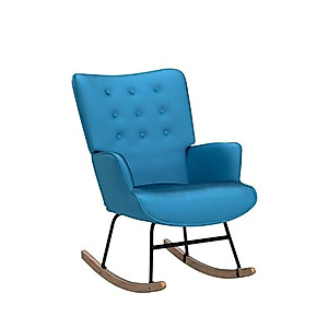 Kosydown Basic Blue Rocking Chair, Velvet Rocking Chair Nursery, Upholstered Comfy Armchair with High Backrest for Living Room Bedroom Offices, Solid Wood Legs Reading Chair