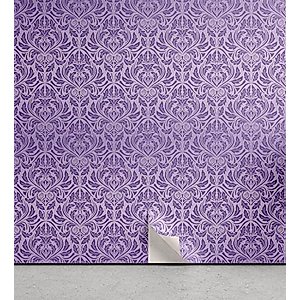 Lunarable Vintage Peel & Stick Wallpaper for Home, Western Medieval Motifs with Leafs and Curlicues Floral Damask Pattern, Self-Adhesive Living Room Kitchen Accent, 13" x 100", Lavender and Purple
