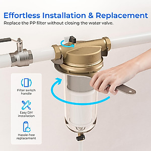 Waterdrop Mega Spin Down Sediment Filter, Reusable Whole House Water Filter System, Backwash Sediment Water Filter Double System 100 Micron+5 Micron PP Filter, BPA Free, 1" MNPT + 3/4" FNPT
