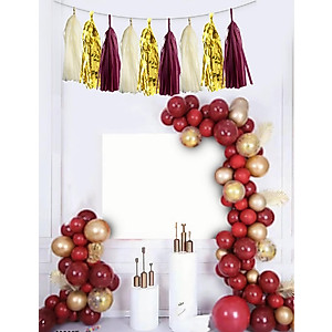 15PCS Burgundy Maroon Gold Beige Party Tissue Tassel Garland Hanging Banner Streamers Graduation Fall Bridal Baby Shower Wedding Birthday Nursery Classroom Décor