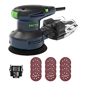 ZEITE Random Orbital Sander Tool, Electric Palm Sander, 3.0 Amp Wood Sanding Machine, Variable Speed 5000-12000 OPM, Cyclonic Dust Box, Vacuum Adapter, 12Pcs 5" Sandpapers for Sanding and Polishing