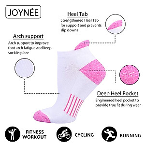JOYNÉE Womens Ankle Athletic Low Cut Tab Socks Cushioned Running Sports 6 Pack,White,Sock Size 9-11