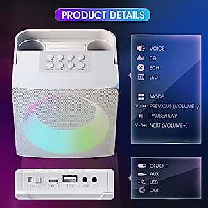 Sunkyn Karaoke Machine with 2 Wireless Microphones for Adults,Portable Bluetooth Speaker with Echo and Led Lights for Christmas Birthday Gift Home Party, Supports TF Card/USB/AUX(White)