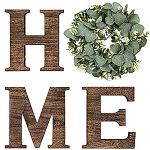 Mkono Farmhouse Wall Home Sign with Artificial Eucalyptus for O Rustic Wooden Home Hanging Letters Decorative Wall Art Wood Signs Decor for Living Room Kitchen Entryway Housewarming Gift, Brown