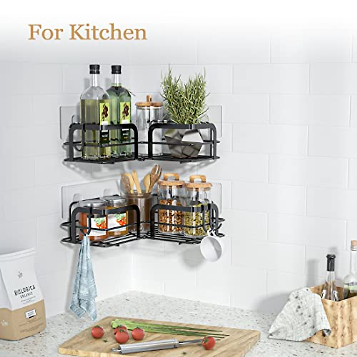 Masoffi Corner Shower Shelf for Inside Shower, Adhesive No Drilling Shower Organizer, Stainless Steel Rustproof Corner Shower Baskets Wall Mounted, 2 Pack Matt Black