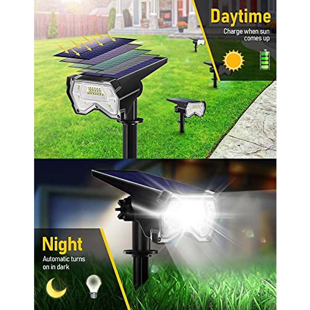 BRILLANFIRE Solar Lights Outdoor, 2-in-1 Solar Lights for Outside, Solar Powered Spot Lights Outdoor Waterproof, Outdoor Solar Lights for Walkway Yard Garden Patio Driveway, 4 Pack，Black