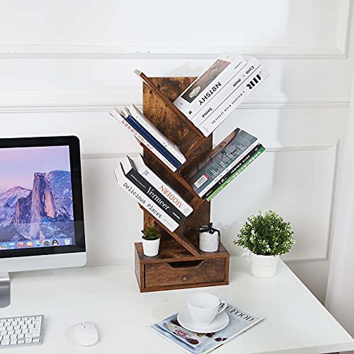 Tree Bookshelf with Drawers, 6-Tier Book Storage Organizer Shelves Floor Standing Bookcase for Magazine/Book, with Modern Wood Storage Rack Display Shelves Cabinet for Living Room/Bedroom/Office