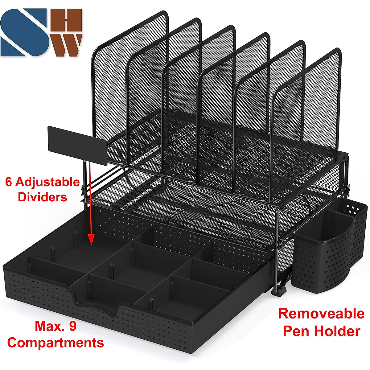 SimpleHouseware Mesh Desk Organizer with Sliding Drawer, Double Tray and 5 Upright Sections, Black