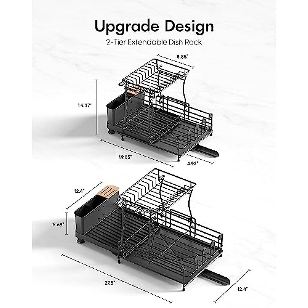 ACMETOP Dish Drying Rack, Expandable 2 Tier Large Dish Rack for Kitchen Counter, Rustproof Dish Dryer Rack with Drainboard, Cutlery & Cup Holders, Dish Drainer for Dishes, Knives, Spoon, Black