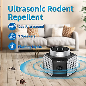 NAKEVY Plug in Rodent Repellent Indoor Pest Repeller Squirrels Mouse Deterrent Rat Control with Ultrasound Impulse LED Flashlights Predator Sounds for Home Attic Garage RV Silver
