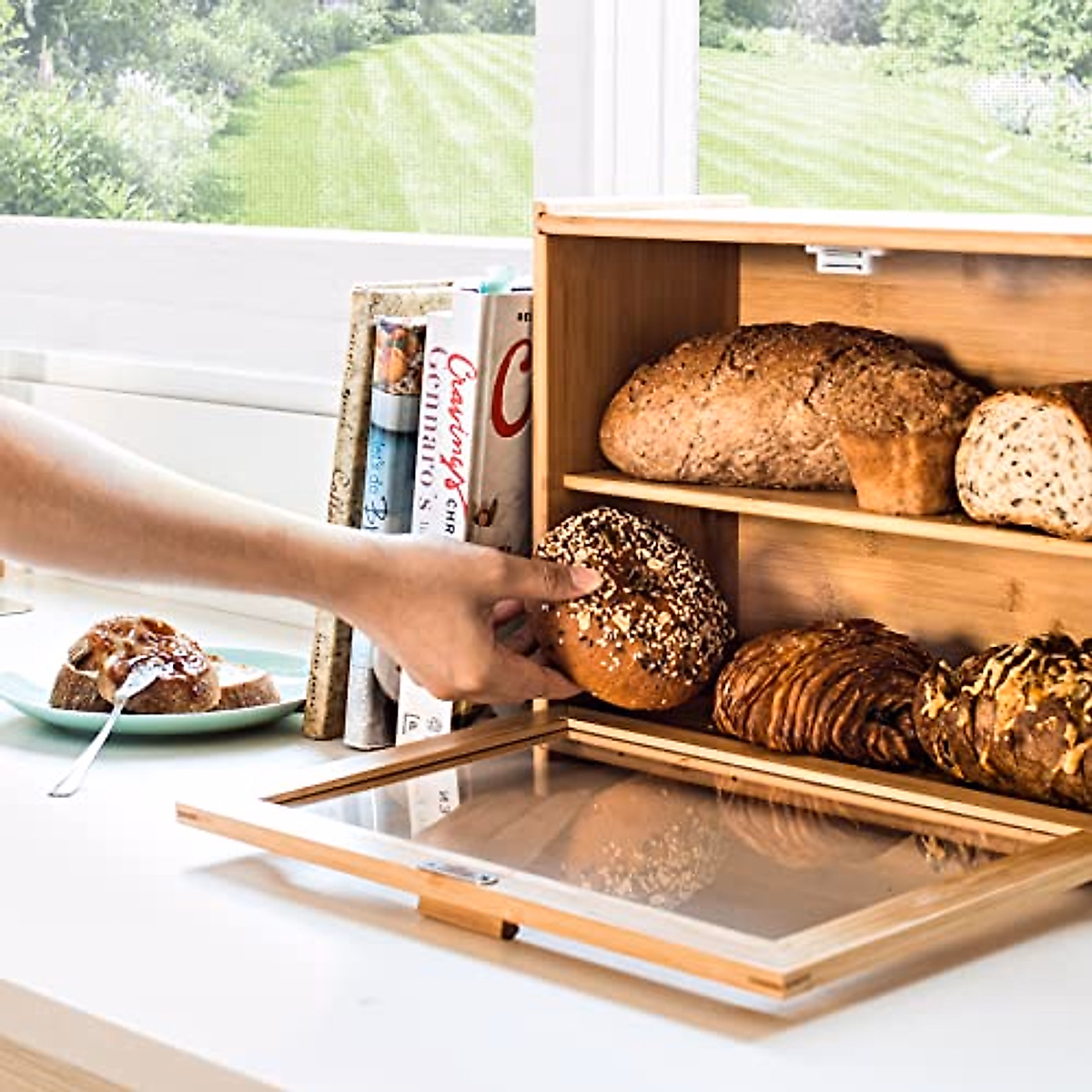 Laura's Green Kitchen Large Bread Box - Wood Bread Box with Clear Front Window - Farmhouse Style Bread Bin for Kitchen Counter - Double Layer Bread Storage Bin Holds 2 Loaves - Self-Assembly