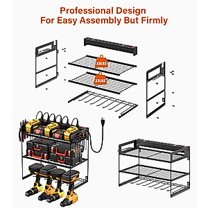 JUNNUJ Power Tool Organizer with 10 Outlet Power Strip, 3 Layer Wall Mount Drill Holder with Charging Station, 4 Drills Storage Shelf Shop Garage Utility Rack, Black