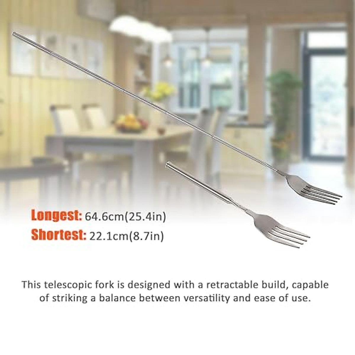 Adjustable Telescopic Fork,Stainless Steel Dinner Fork,BBQ Extendable Dinner Fruit Dessert Long Handle Fork,for Eating, Barbecue, Dinner, Dessert, Sausage, Vegetable(8.7~25.4in)