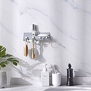 LuoCoCo Plastic Mail Key Holder for Wall, Modern U Shape Letter Shelf Organizer with 4 Hooks and 2 Self Adhesive Tape for Entryway Kitchen Bathroom Office Holding Phones Purse Masks, White/Grey (Grey)