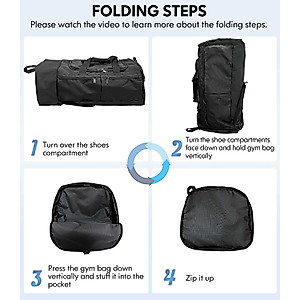 Gym Bag for Men Women, Foldable Travel Duffel Bags with Shoe Compartment & Wet Pocket, Lightweight Weekender Overnight Duffle Bag, Water Resistant Workout Sports Bag, Black