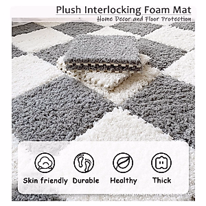 48 Pcs - 48 Sq.ft. Shaggy Plush Puzzle Foam Floor Mat,12X12 Inch Soft Interlocking Carpet Tiles,Area Rugs,Shock-Absorbing,Non-Slip(Color:Gray)