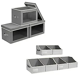 Homsorout Storage Bins with Lids, Trapezoid Storage Bins with Handle, Fabric Storage Baskets for Shelves with Label, Cube Storage Bins Boxes with Window, 6 Packs, Grey, Blended