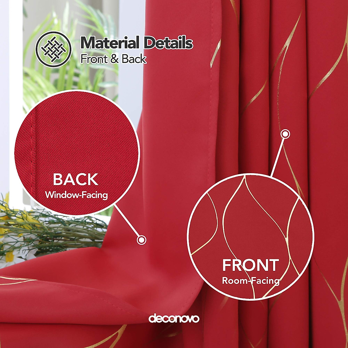 Deconovo Gold Wave Print Blackout Curtains for Bedroom, Thermal Insulated Curtains for Living Room, Room Darkening Drapes (Red/Wave, 42x63 Inch, 2 Panels)