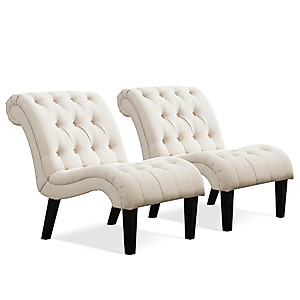Yongqiang Accent Chairs for Living Room Set of 2 Upholstered Tufted Bedroom Chairs Curved Armless Side Chairs with Wood Legs Linen Fabric