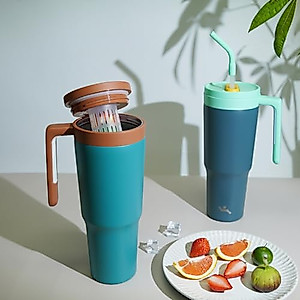 Konokyo Insulated Tumbler with Handle and Straw,40 OZ Vacuum Stainless Steel Water Bottle Travel Mug Metal Cup with Fruit Diffuser,Lake Blue