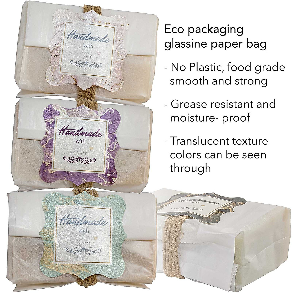 Handmade Soap Packaging Set | 200 Handmade with Love Stickers with Elegant Cut Labels | 100 Translucent Paper Bags | Wrapping Paper for Homemade Goods , Small Business Supplies Canning Crafts Supplies