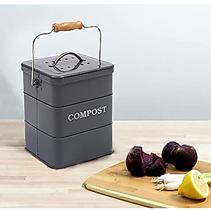 Compost Bin Kitchen Countertop Indoor Compost Pail Bucket, Great for Food Scraps, Carbon Steel, Handles, Gray, 1 Gallon - Includes Charcoal Filter