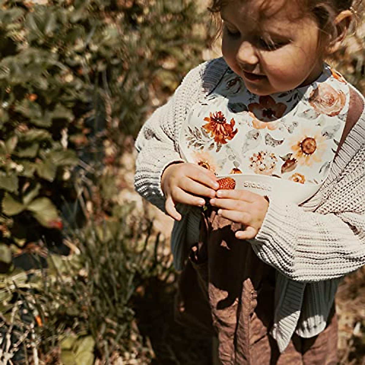 Stadela Baby Silicone Feeding Bib, Waterproof Adjustable, Baby Girl, Floral Bohemian Print with Flowers