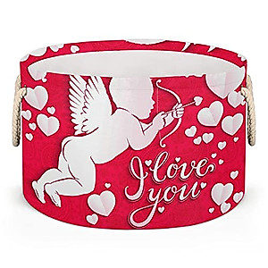 Love You Heart Pattern Large Round Baskets for Storage Laundry Baskets with Handles Blanket Storage Basket for Bathroom Shelves Bins for Organizing Nursery Hamper Girl Boy