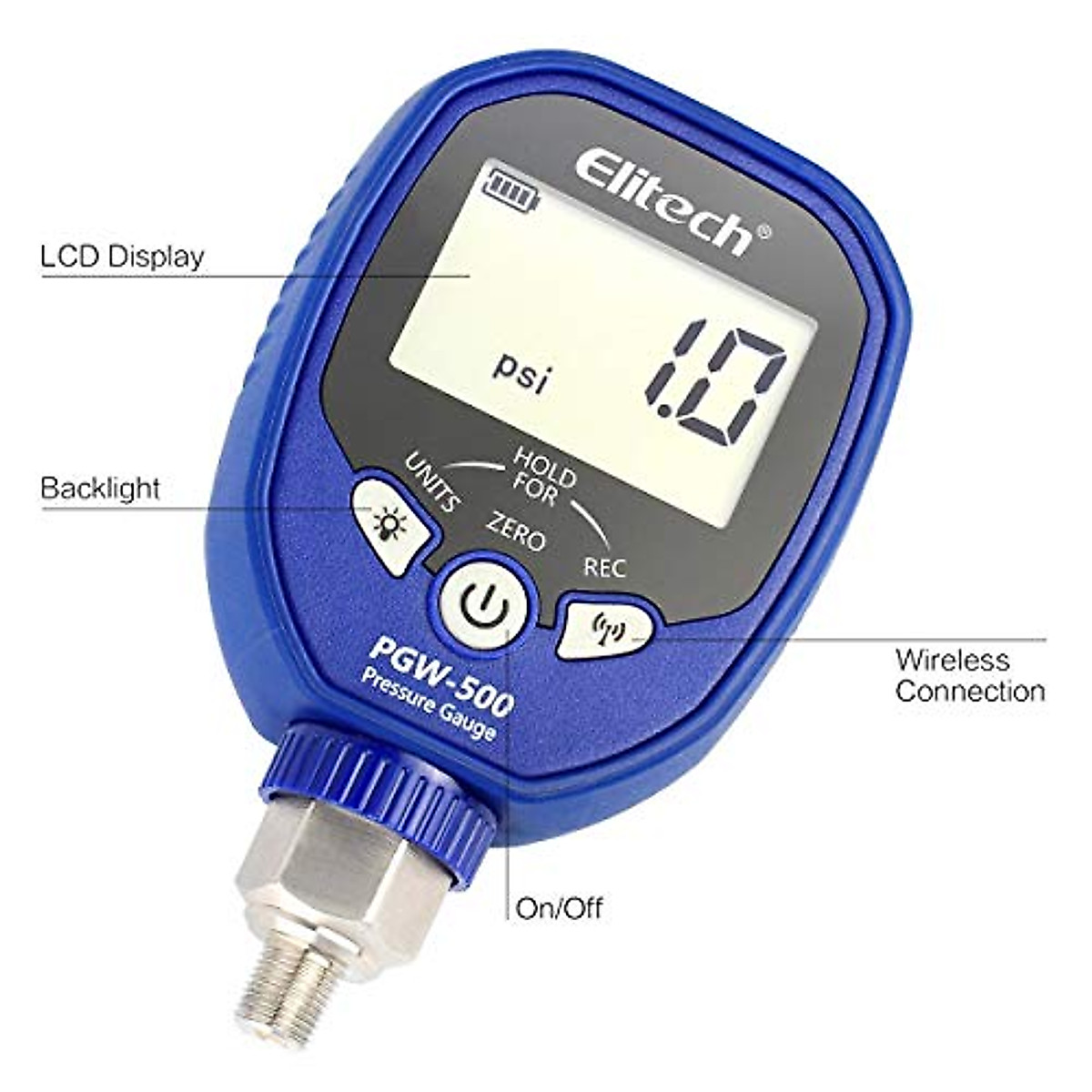 Elitech PGW-500 Wireless Digital Pressure Gauge with Temperature App Alerts for HVAC System IP65 Waterproof -14.5~500 PSI 1/8'' NPT