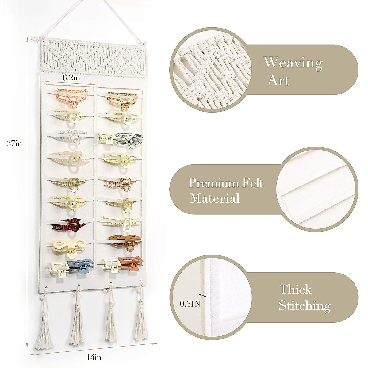 PABOBIT Claw Clip Organizer, Felt Hanging Hair Clip Organizer and Storage for Women, Macrame Claw Clip Holder Boho Decor for Wall, Door, Closet