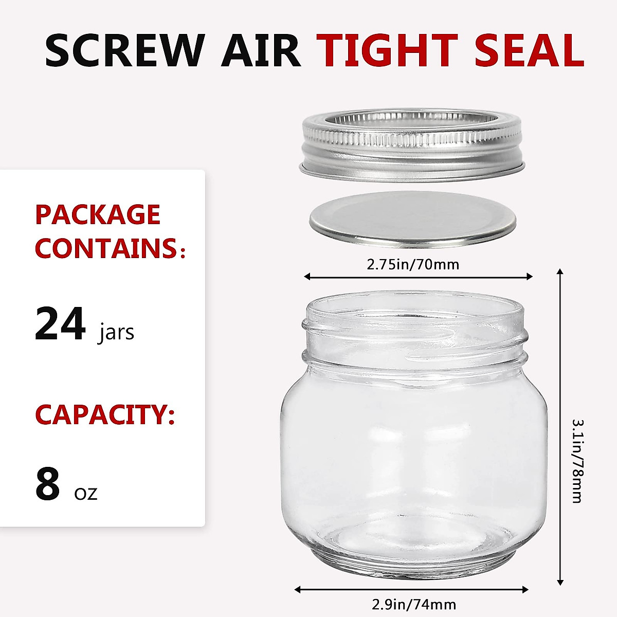 Betrome 8 oz Mason Jars, 24 Pack 240ml Glass Canning Jars with Regular Mouth Lids, Glass Storage Containers for Overnight Oats, Jam, Jelly, Honey, Beans, Spice, Wedding Party Favor, Shower Favor