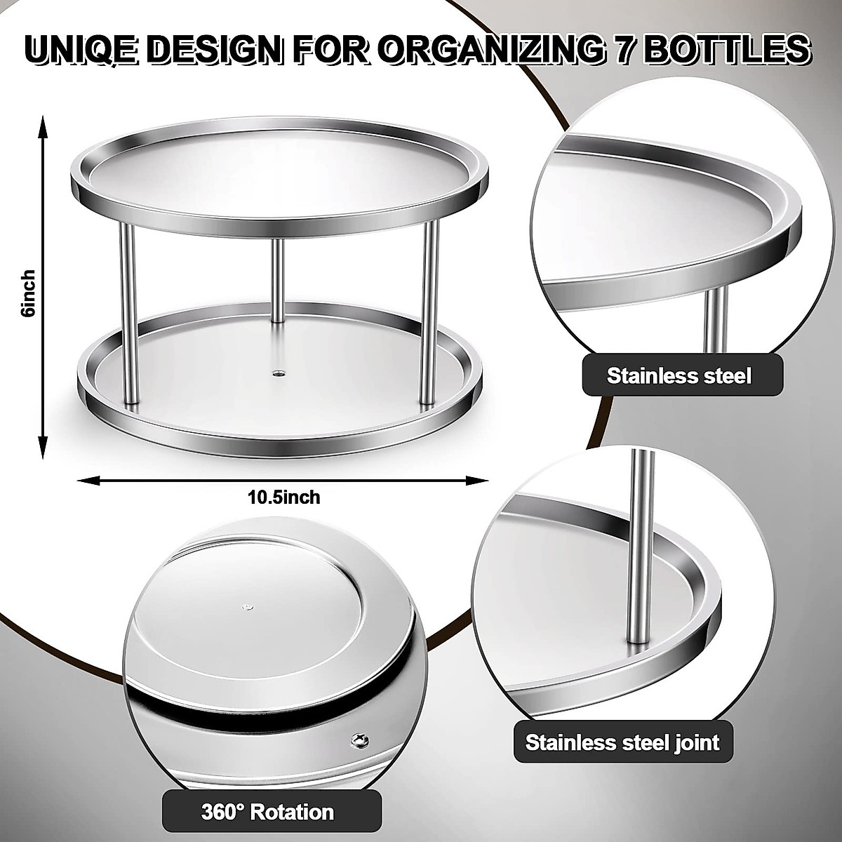 Zubebe 4 Pcs Stainless Steel Lazy Susan 2 Tier Rotating Spice Rack Lazy Susan Spice Rack Organizer for Cabinet 360 Degree Spice Rack Turntable Tray Kitchen Counter Cabinet Pantry Storage, 10.5 in