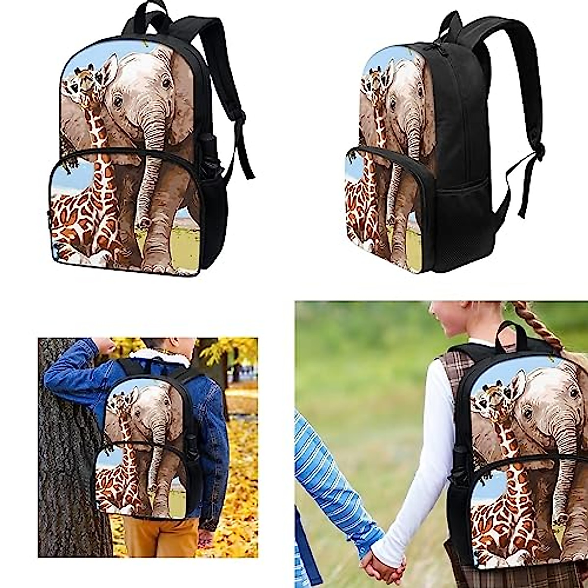 Salabomia Elephant Giraffe Kids School Bookbag 3 in 1 Set School Bag with Insulated Lunch Bag Pencil Case, Lightweight Kids Backpack Boys Girls for Elementary School, Blue and Brown