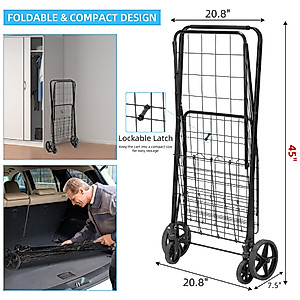 HABUTWAY Folding Shopping Cart with Wheels 360°Rolling Swivel Grocery Cart with Removable Oxford Cloth Liner Compact Utility Cart for Groceries Luggage Laundry,220lb Capacity