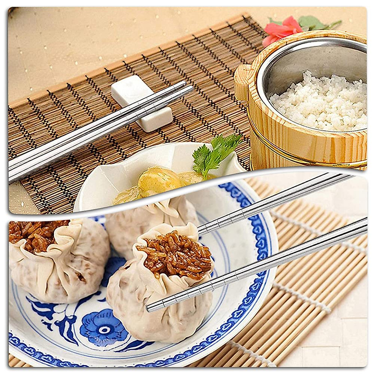 8 Pairs Reusable Chopsticks Stainless Steel Metal Chop Sticks Finger Multipack Threaded Japanese Chinese Korean Chopstick Dishwasher-Safe