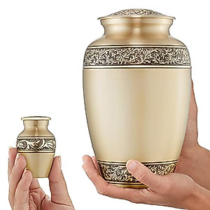 Reminded Set of 5 Floral Cremation Urns for Human Ashes - 1 Adult + 4 Keepsake Token Size, Gold