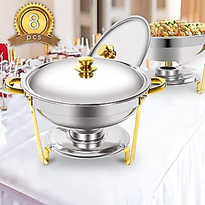 Jwevvie Gold Chafing Dishes for Buffet, 5QT Round Chafing Dish Buffet Set w/Lid, Thickened Stainless Steel Chafers and Buffet Warmers Sets for Weddings, Events, Banquet (8-Pack)