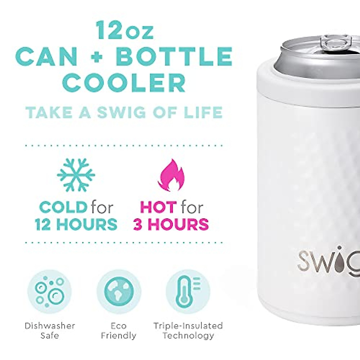 Swig Life Standard Can + Bottle Cooler, Stainless Steel, Dishwasher Safe, Triple Insulated Can Sleeve for Standard Size 12oz Cans or Bottles in Golf Print with Golf Ball Textured Frame