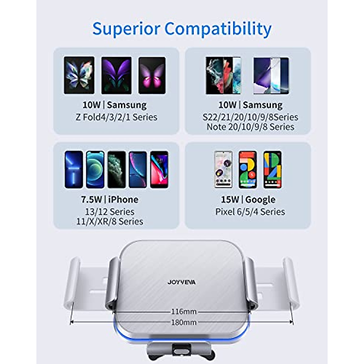 JOYVEVA Dual Coil Wireless Car Charger for Galaxy Z Fold 4/3, Fast Charging Phone Holder for Galaxy Z Fold 2, Landscape Mobile Phone Mount for Galaxy Z Fold (Steel Gray)