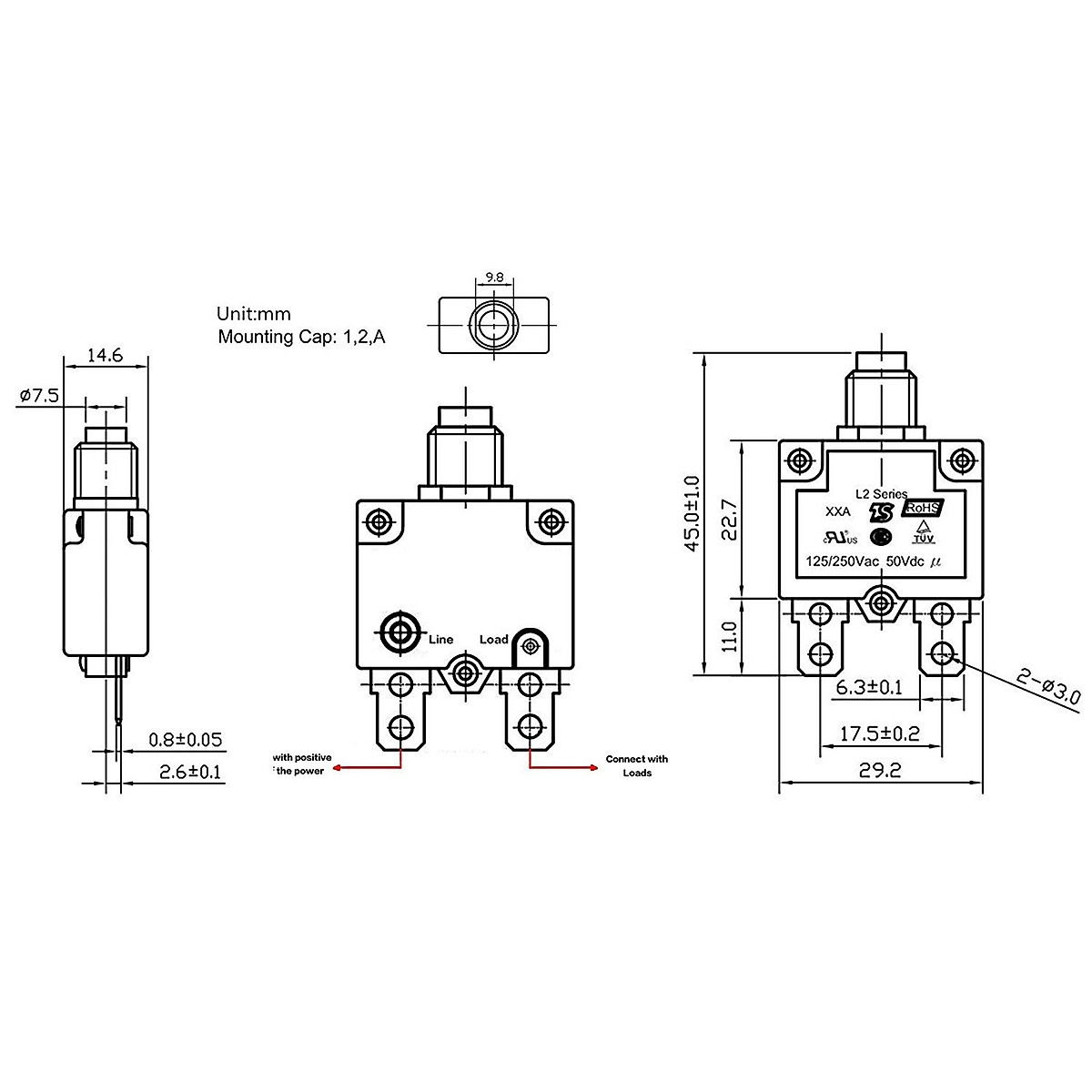 ZOOKOTO 2PCS 10A DC50V AC125-250V Push Button Reset Circuit Breakers with Quick Connect Terminals and Waterproof Button Black Cap